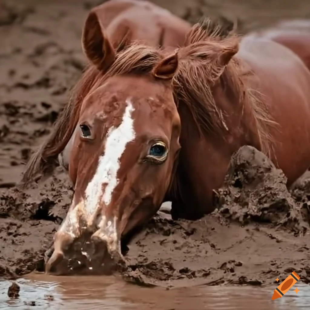 Horse stuck in deep wet mud pit on Craiyon