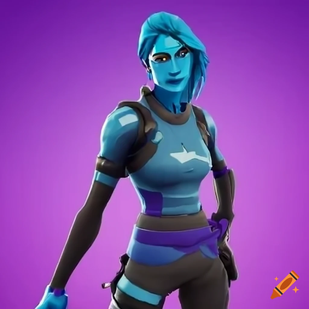 Female fortnite skin with blue hair and purple armor on Craiyon