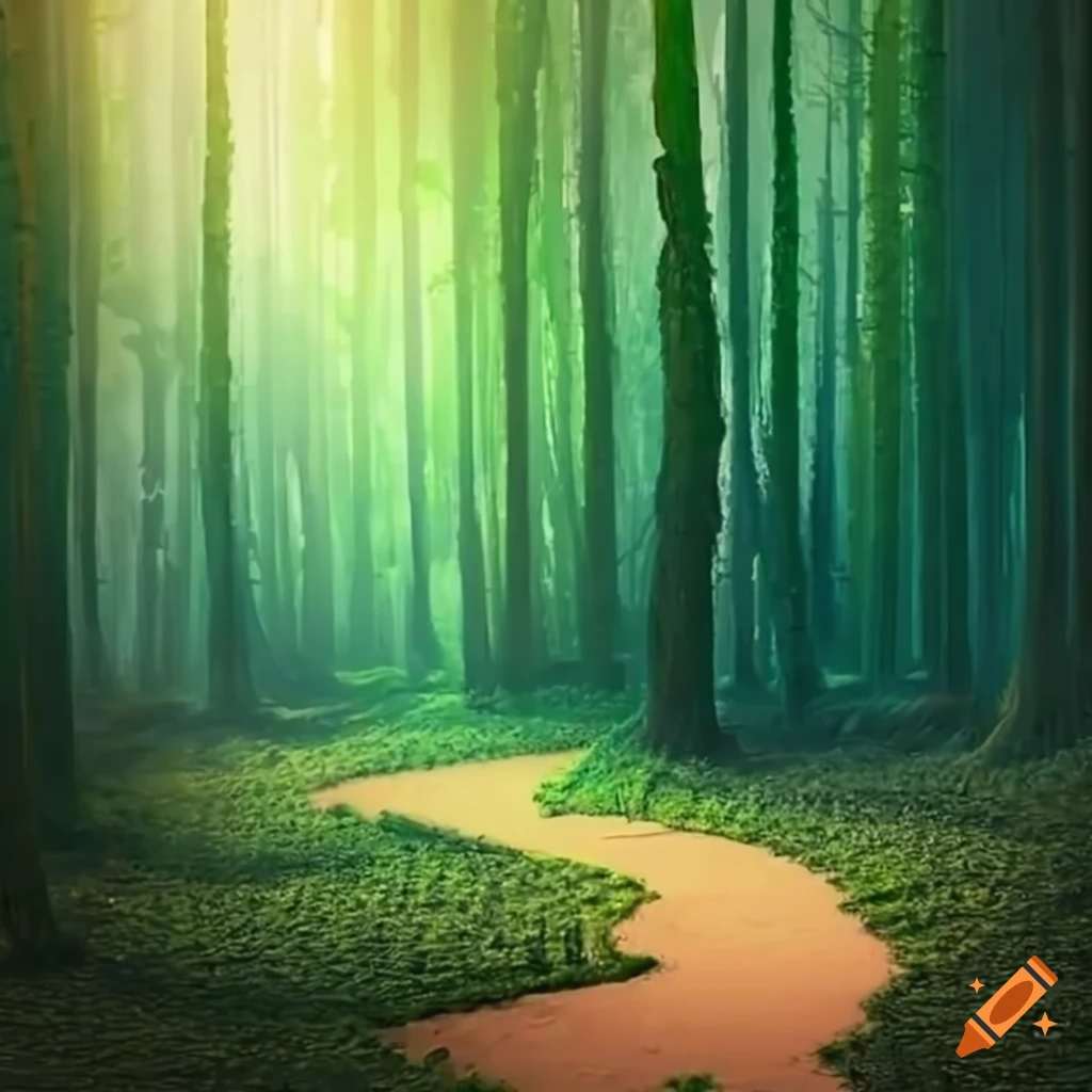 Top view of forest with path and ants in crayon art style on Craiyon