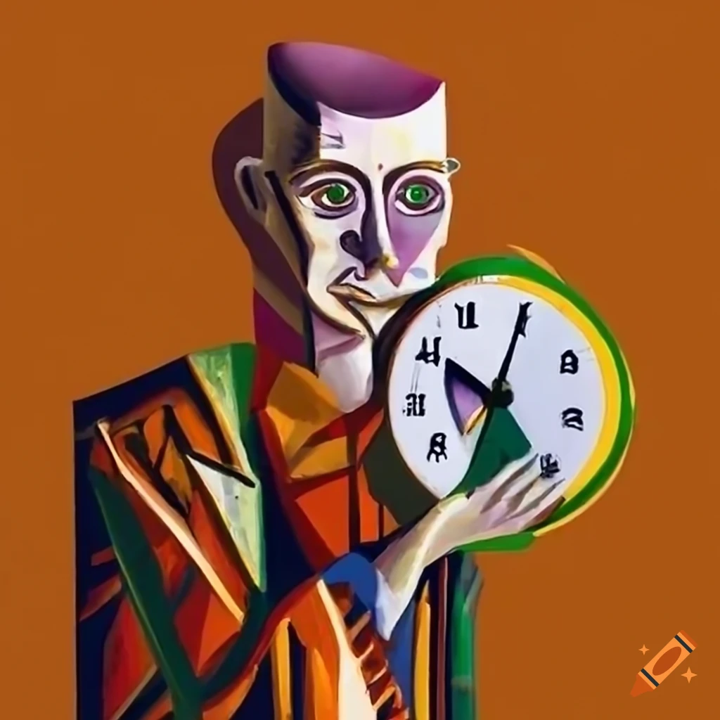 Picasso-style art of a man holding a clock on Craiyon