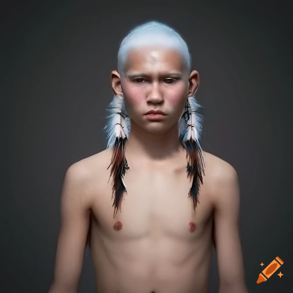 Portrait of a north american native young male with white hair and pale ...