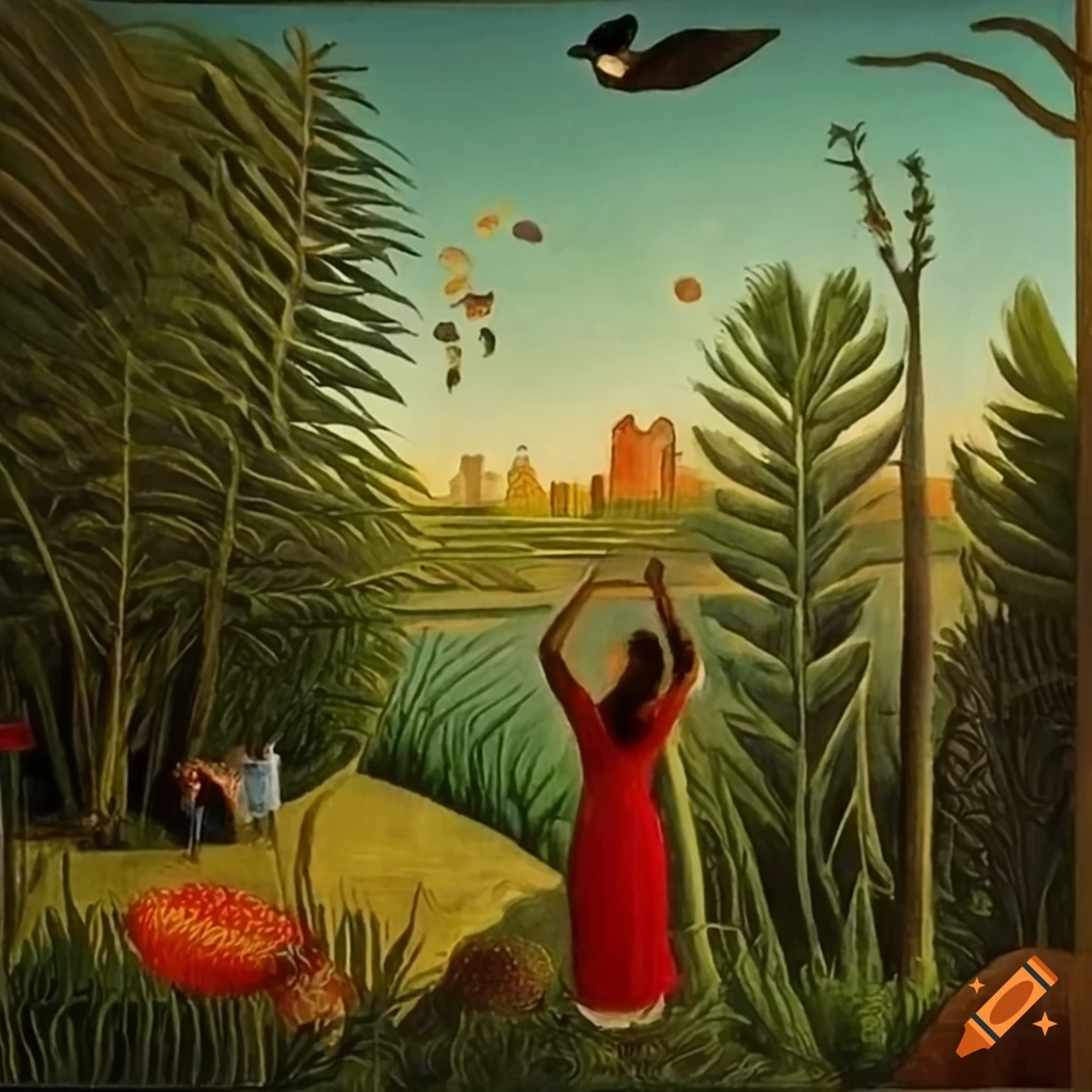 Artwork depicting happiness in the style of henri rousseau and ecotopia on Craiyon