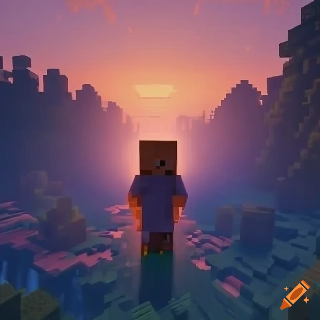 Minecraft character overlooking sunset in a forest view on Craiyon