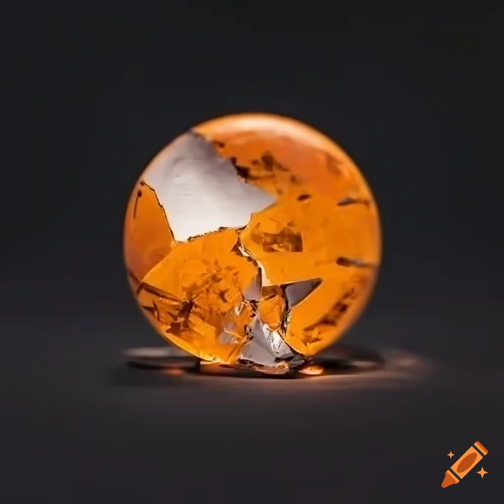 Broken orange crystal ball on dark minimal background with shards on Craiyon