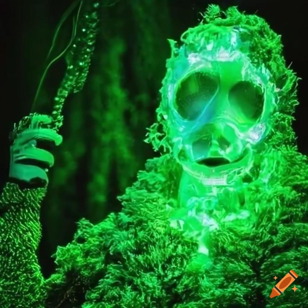 High-tech biopunk cyborg covered in glowing moss in a futuristic ...