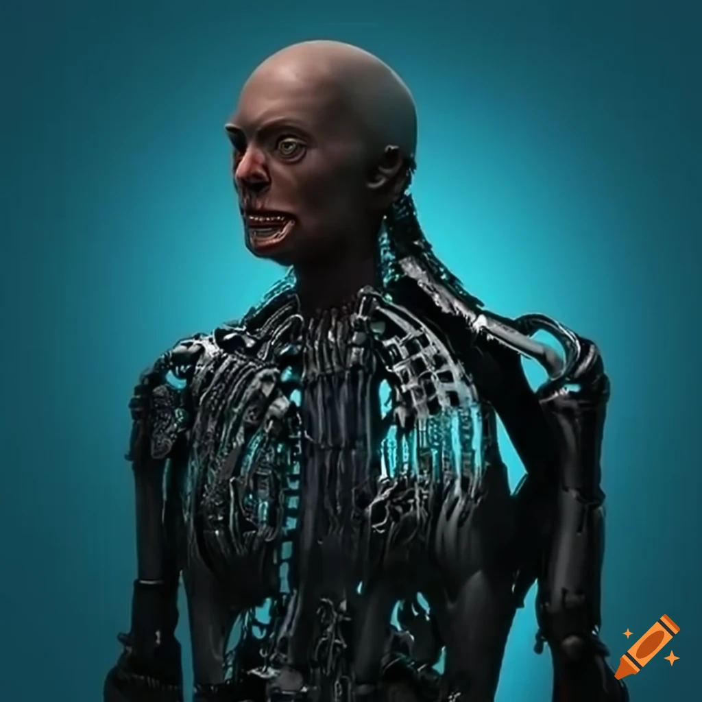 Human-like creature with bionic attachments on Craiyon