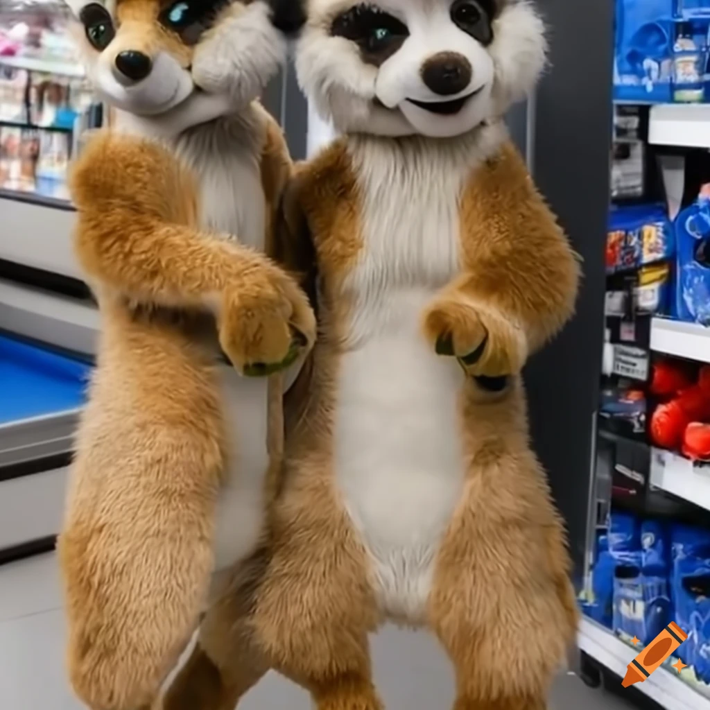 Two female employees in full body meerkat mascot fursuits at Walmart on ...