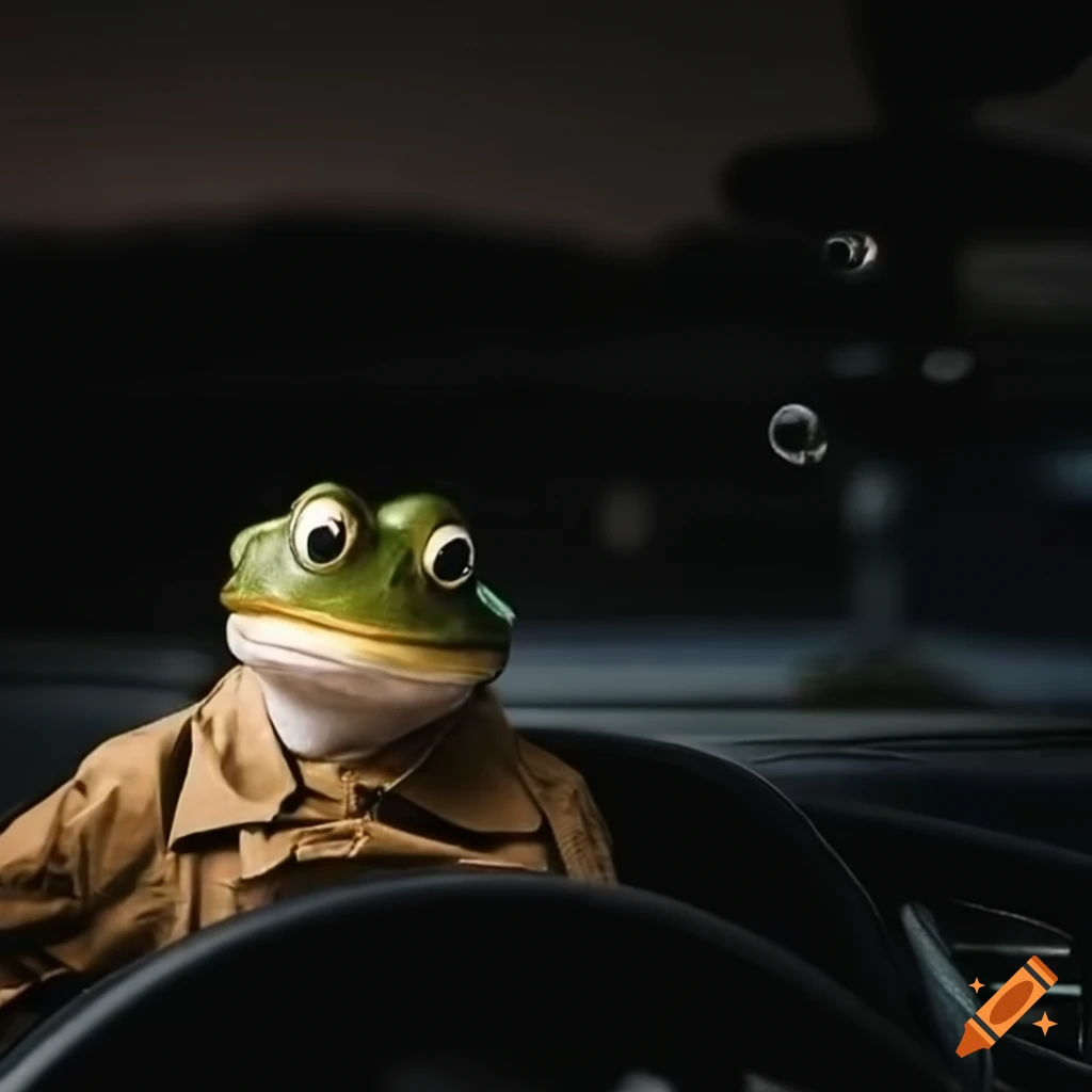 Man in trenchcoat and humanoid frog sitting in a car on Craiyon