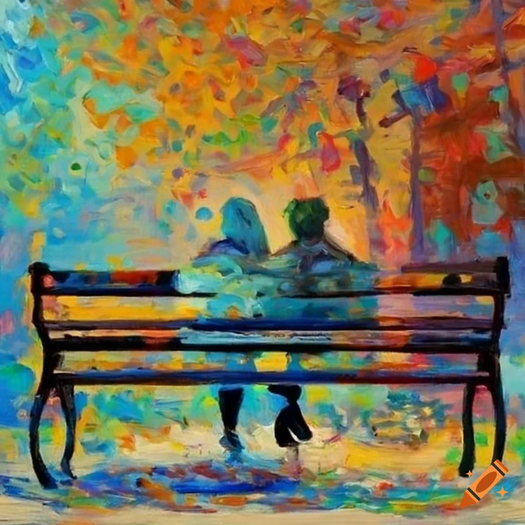 Abstract impressionism painting of a couple on a park bench in Paris on ...