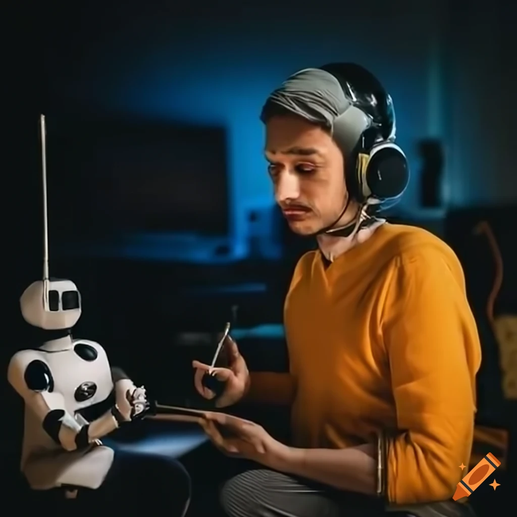 Man working with a radio while a robot talks on Craiyon