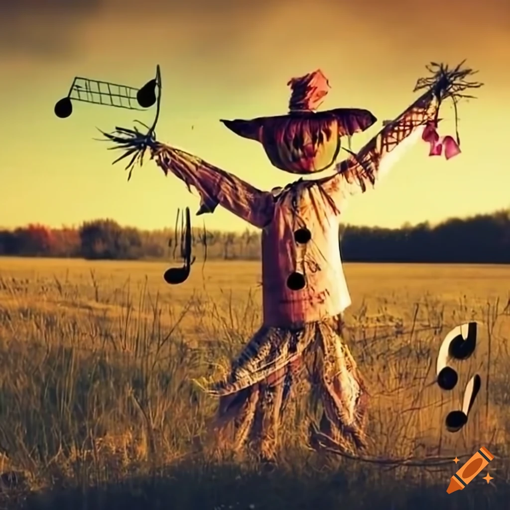 Scarecrow in a field with dancing musical notes on Craiyon