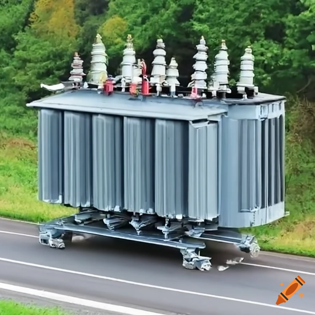 Electrical distribution transformer on wheels circulating on highway on ...