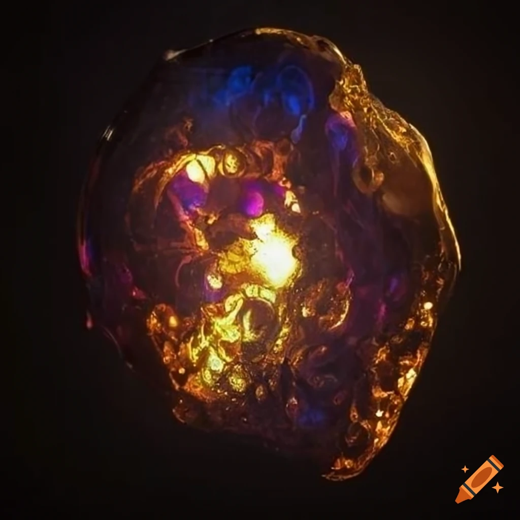 Glowing aura gem with dark matter in intricate gilded setting on Craiyon