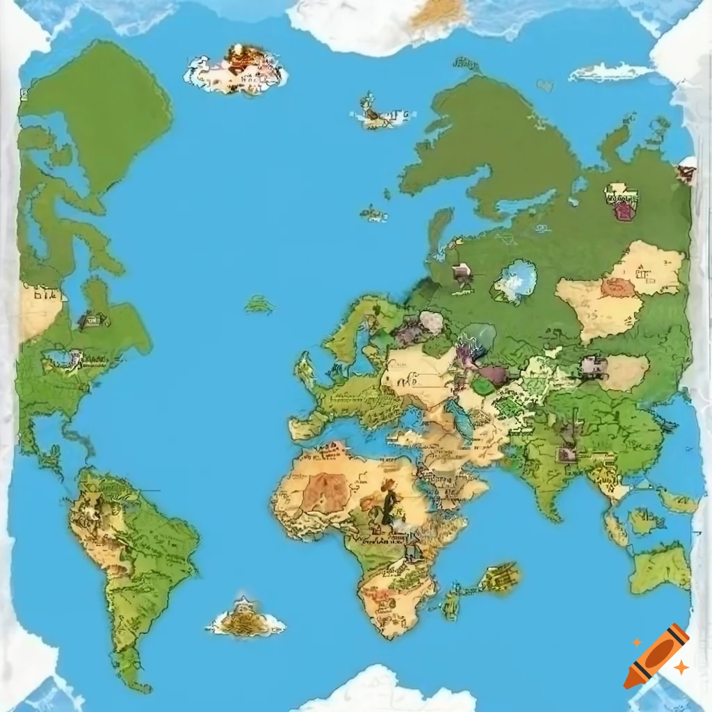 Fantasy world map with diverse islands and seas on Craiyon