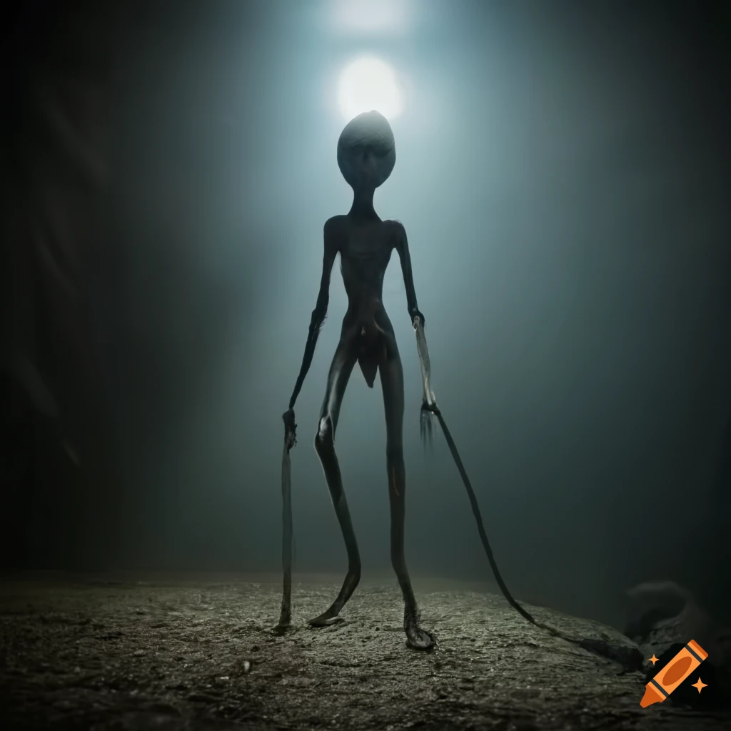 Grey alien with big black eyes and long limbs in mist on Craiyon