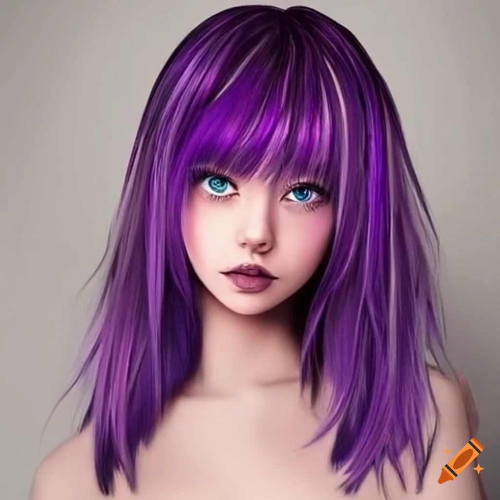 Woman with long purple hair and bangs on Craiyon