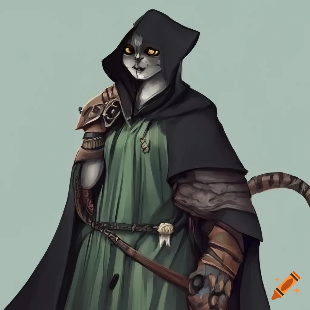 Dungeons and Dragons catfolk character in a black hooded cloak with bow ...