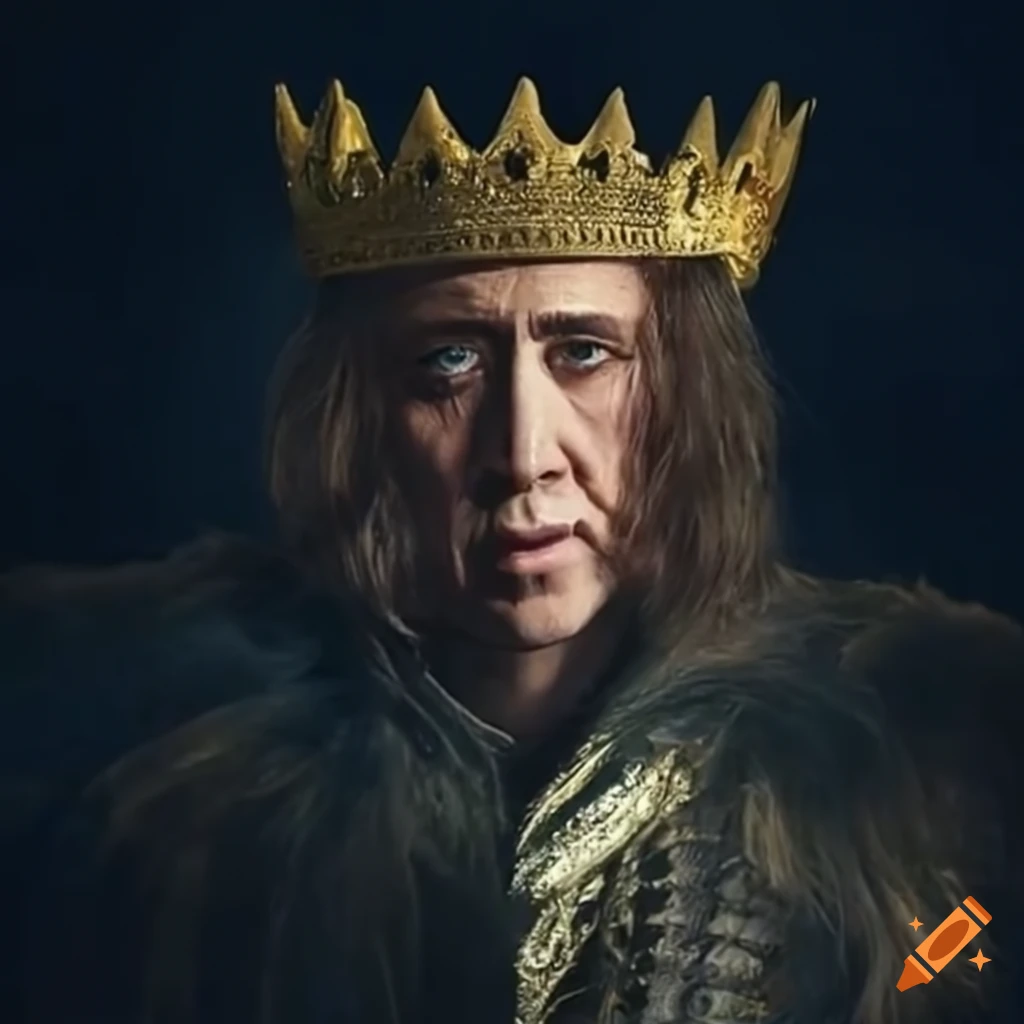 Portrayal of nicolas cage as oberon fairie king wearing a crown on Craiyon