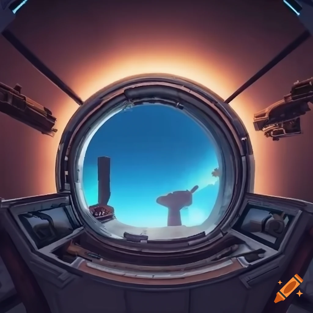 Outer wilds inspired spaceship interior cockpit with wooden planks and space view on Craiyon