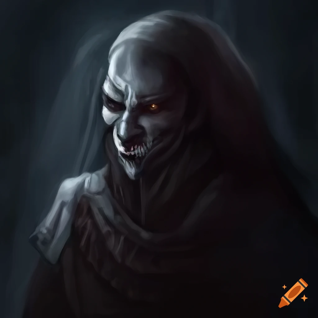 Dark dnd portrait with a terrifying and obscure black theme on Craiyon