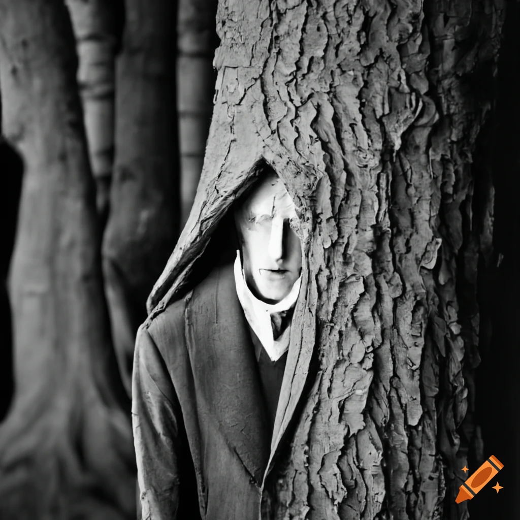 Mysterious figure in vintage clothing hiding behind a tree on Craiyon