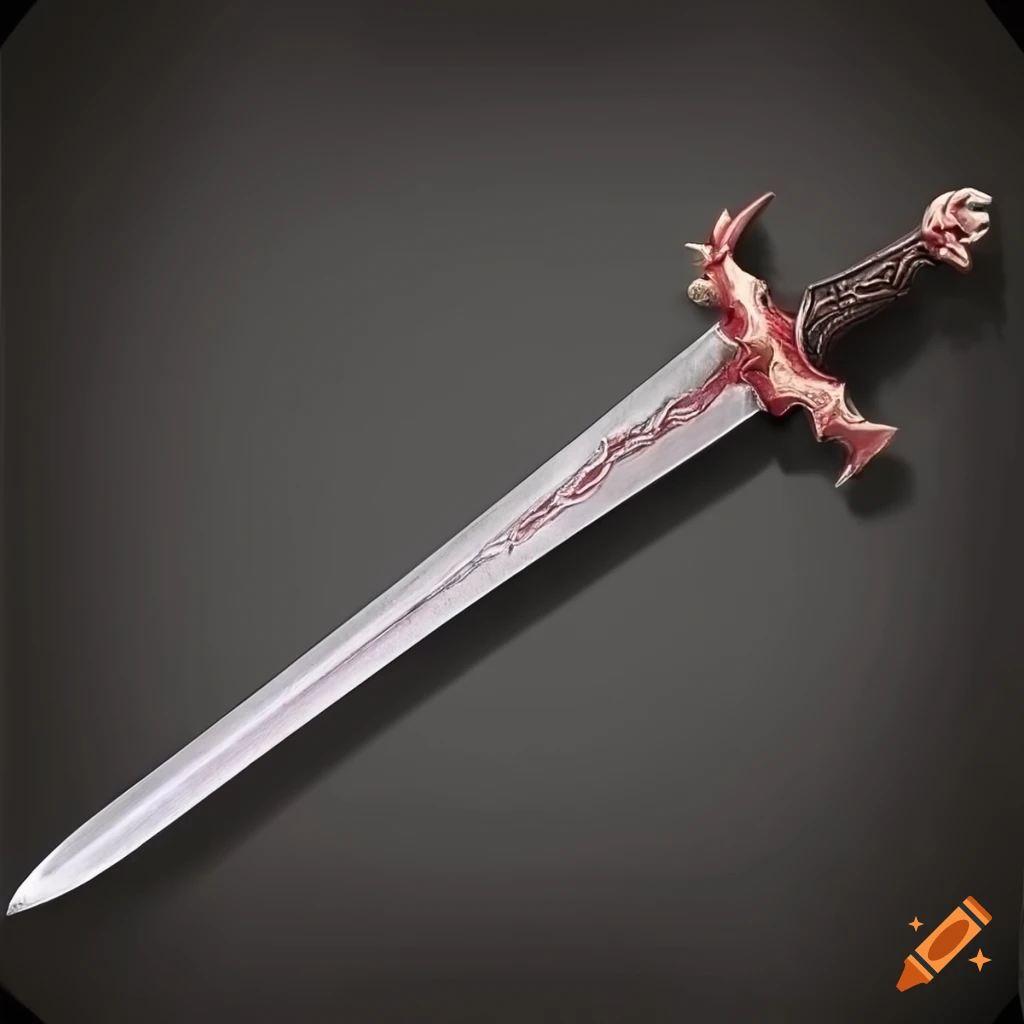 Crimson-bladed sword with grey guard and dark brown handle on Craiyon