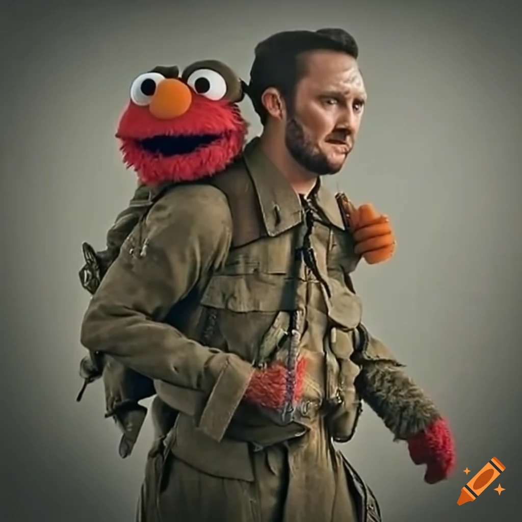 Wil Wheaton carrying Elmo on battlefield in WWII attire on Craiyon