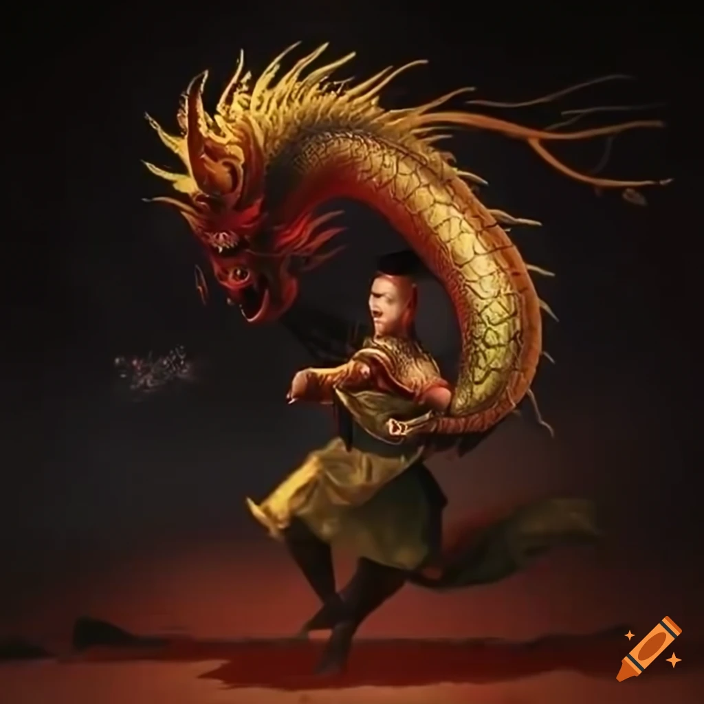 Heroic ancient Chinese man being chased by a dragon on Craiyon