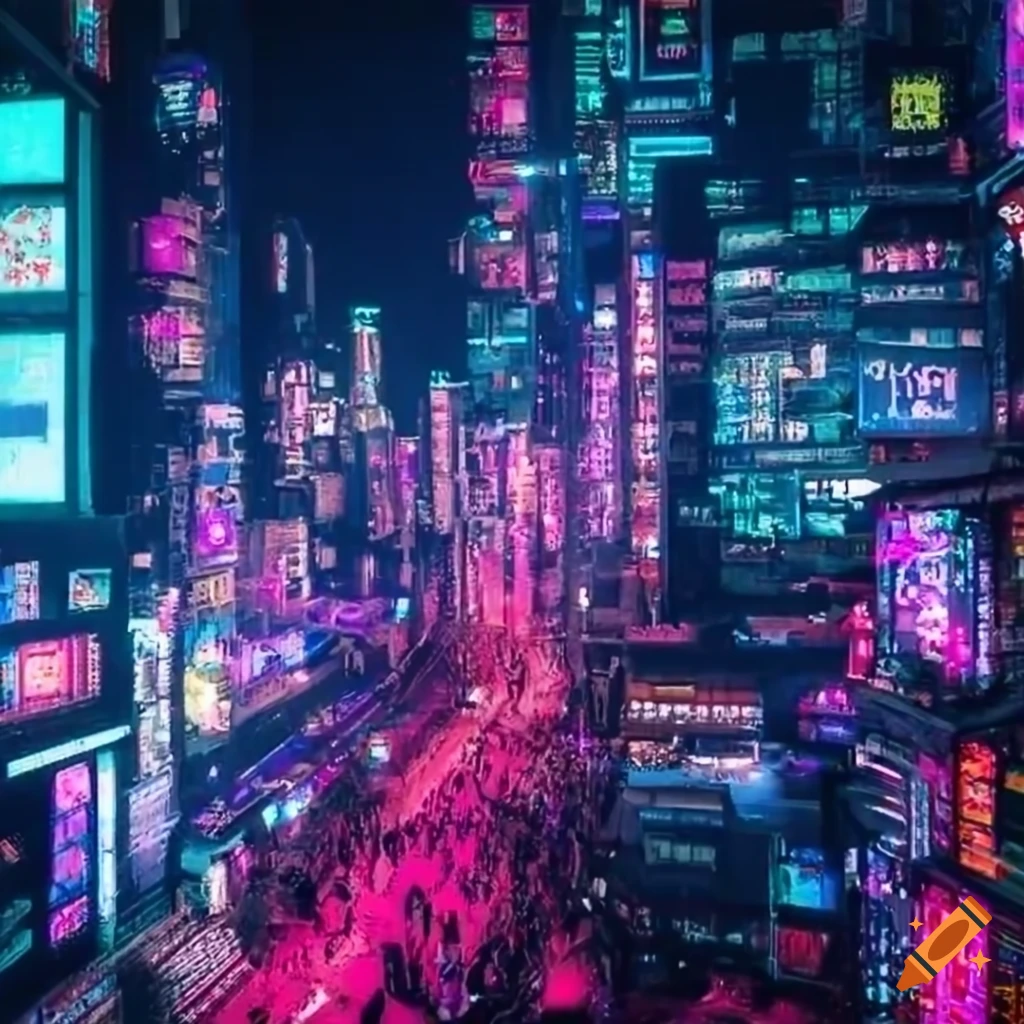 Chinese cyberpunk city with fuschia atmosphere and crowd in the ...