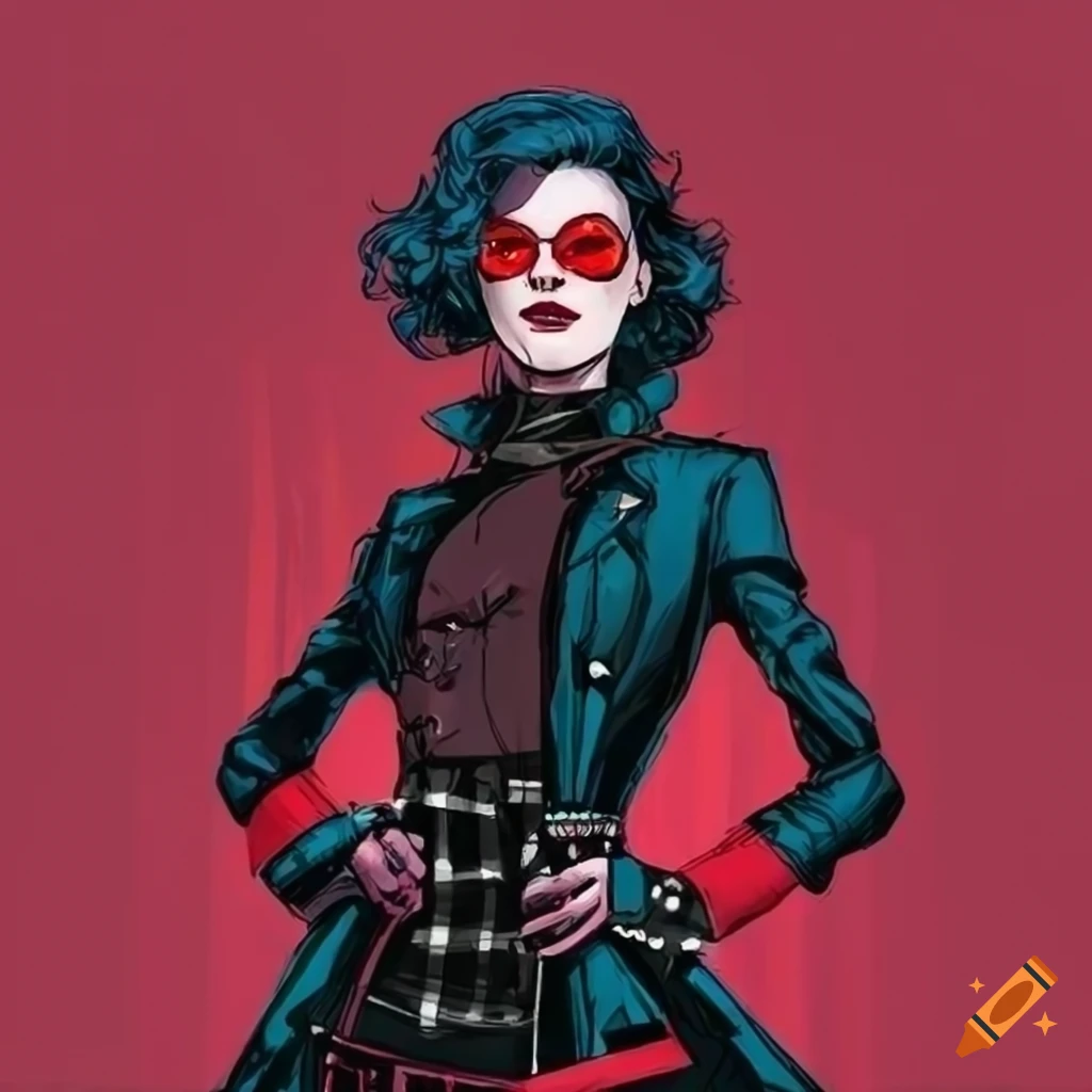 Android madame in black and red coat with punk style in a comic book ...