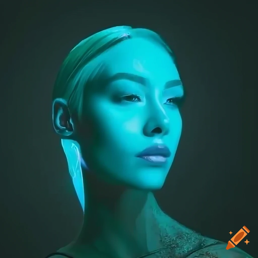 Neon colored line drawing of a woman's head against a crystal wall with ...