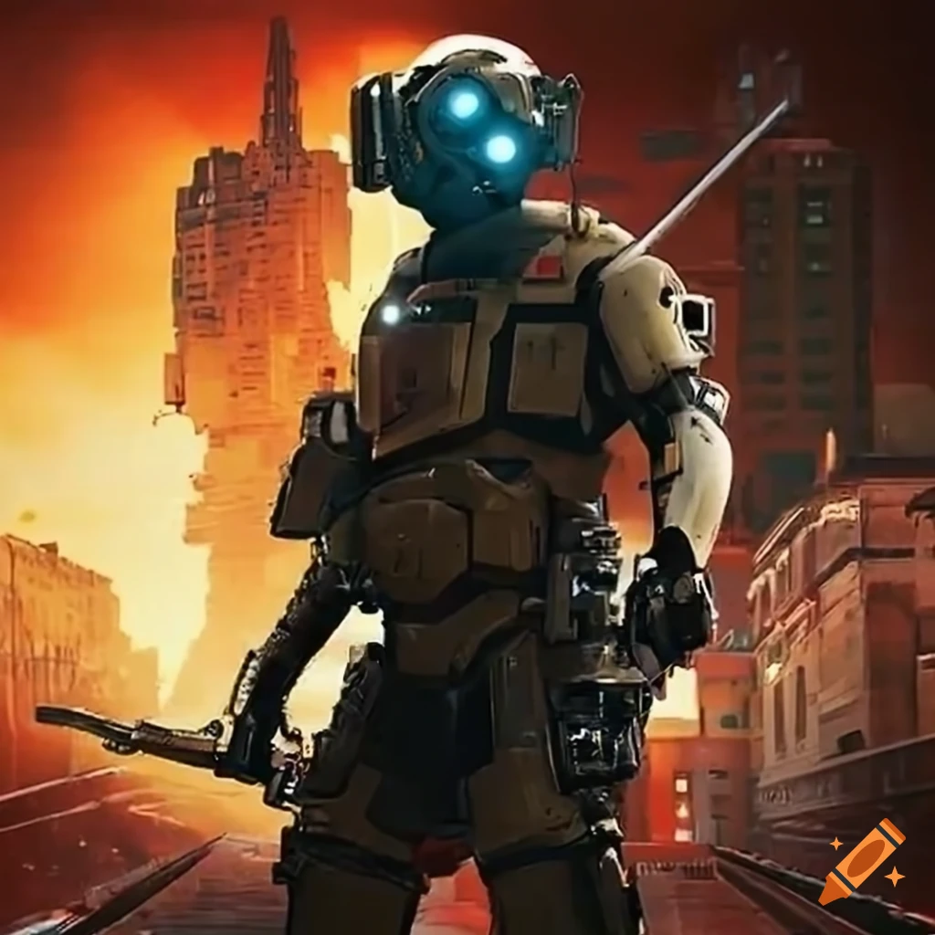 Jack ryan battling robots in a retrofuturistic apocalypse on Craiyon