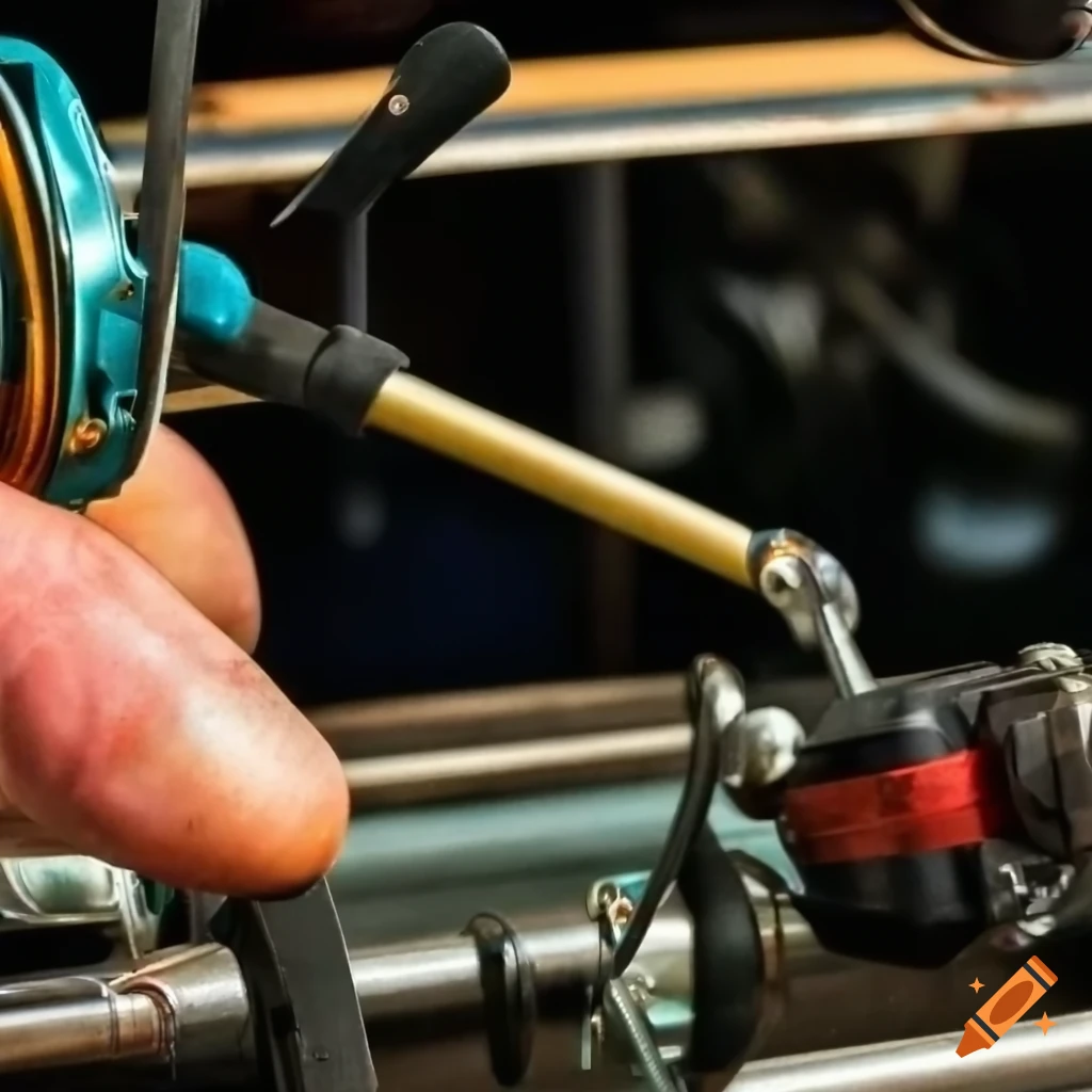 Repairing a fishing reel on a workbench in dim light on Craiyon