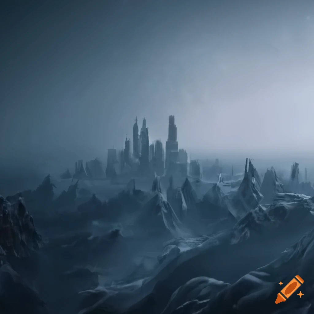 Dystopian city in the distance with snowy mountains and blizzard ...