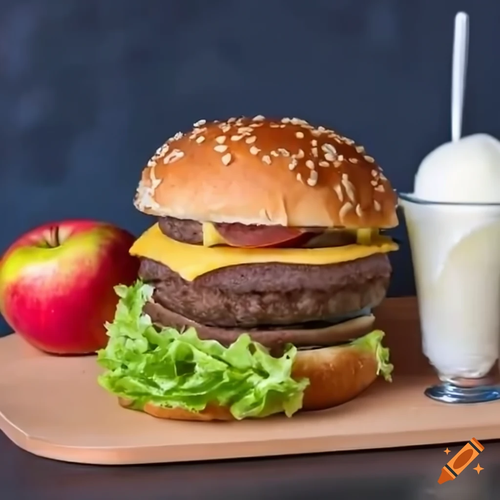 Hamburger with lemon ice cream and an apple on a table on Craiyon
