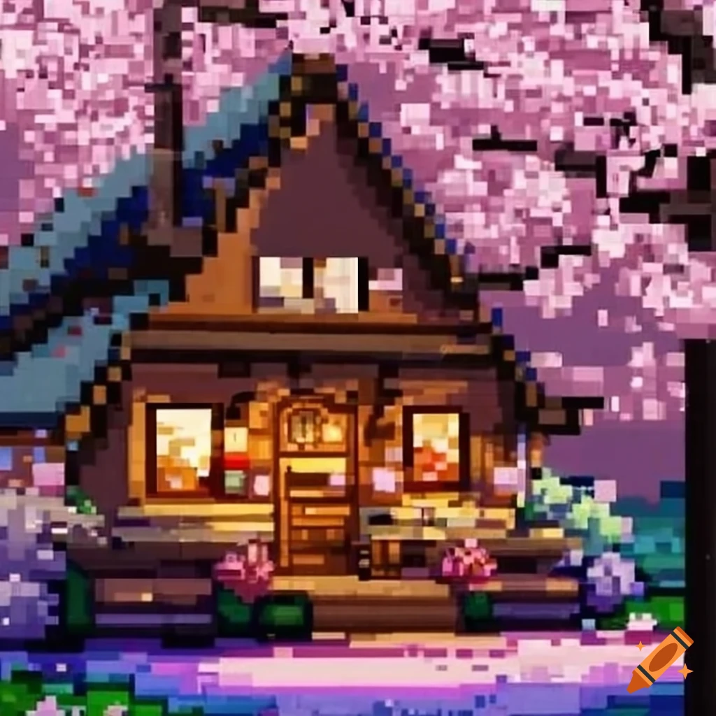 Pixel art of a cozy cabin surrounded by cherry blossom trees on Craiyon