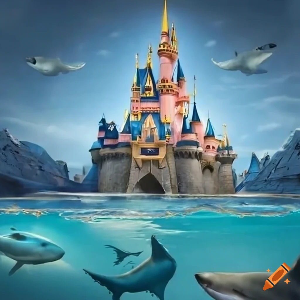 Disney castle surrounded by a water tunnel with sharks on Craiyon