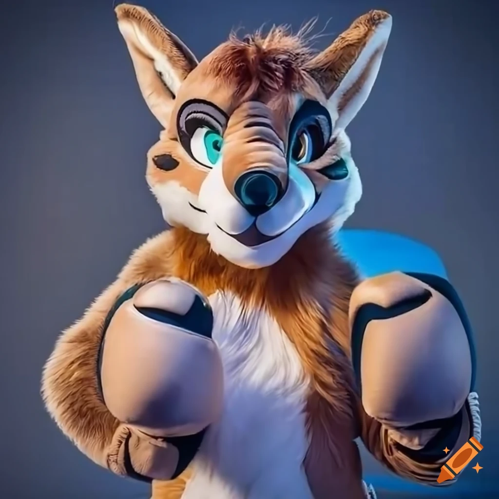 Close-up of female employee in kangaroo mascot fursuit with boxing ...