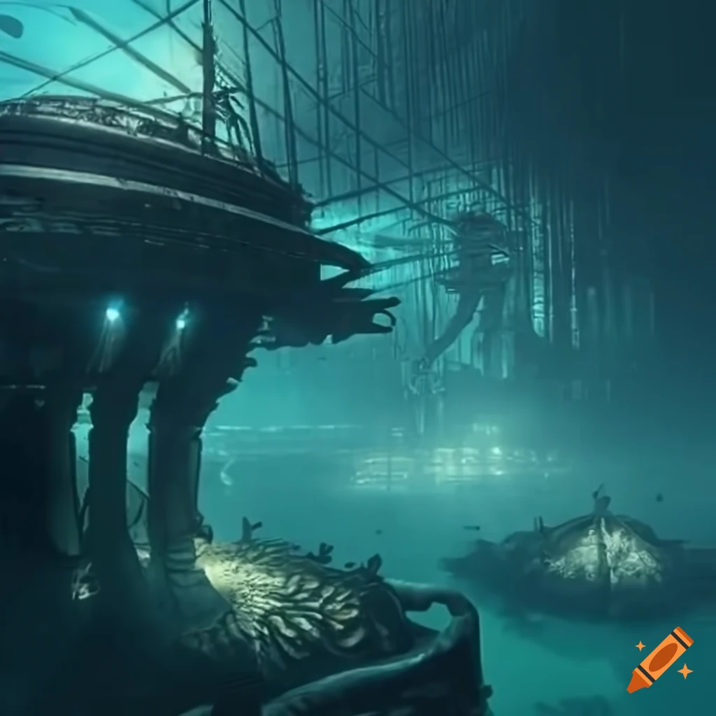 Underwater futuristic base with tall ships, metal structures, and a ...