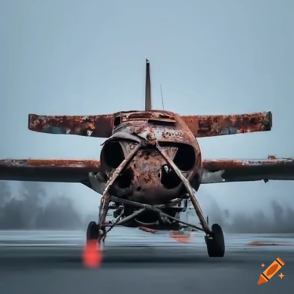 Rusty turbo prop plane crashed on a runway with fog and moss on Craiyon