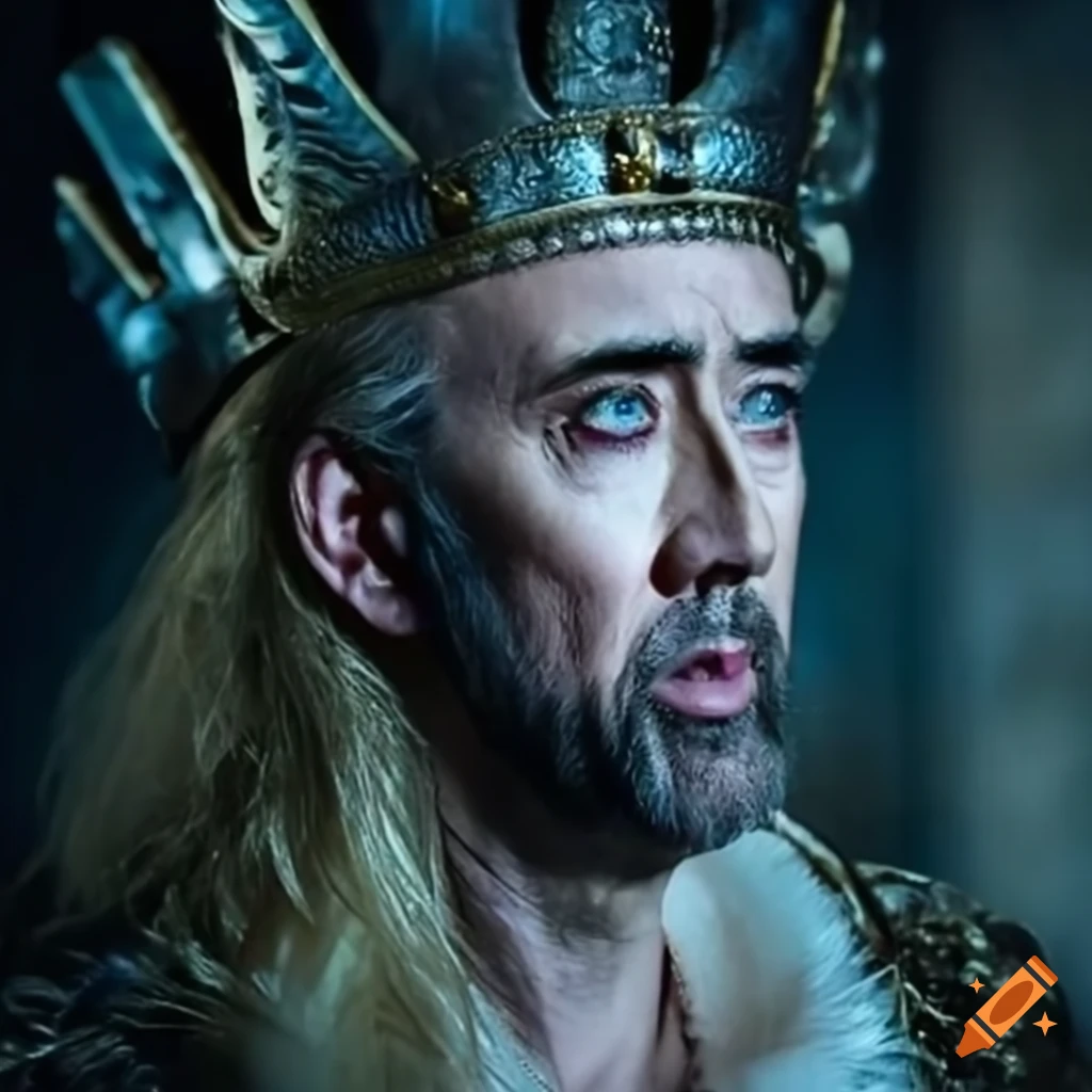 Portrayal of Nicolas Cage as Oberon fairie king wearing a crown on Craiyon