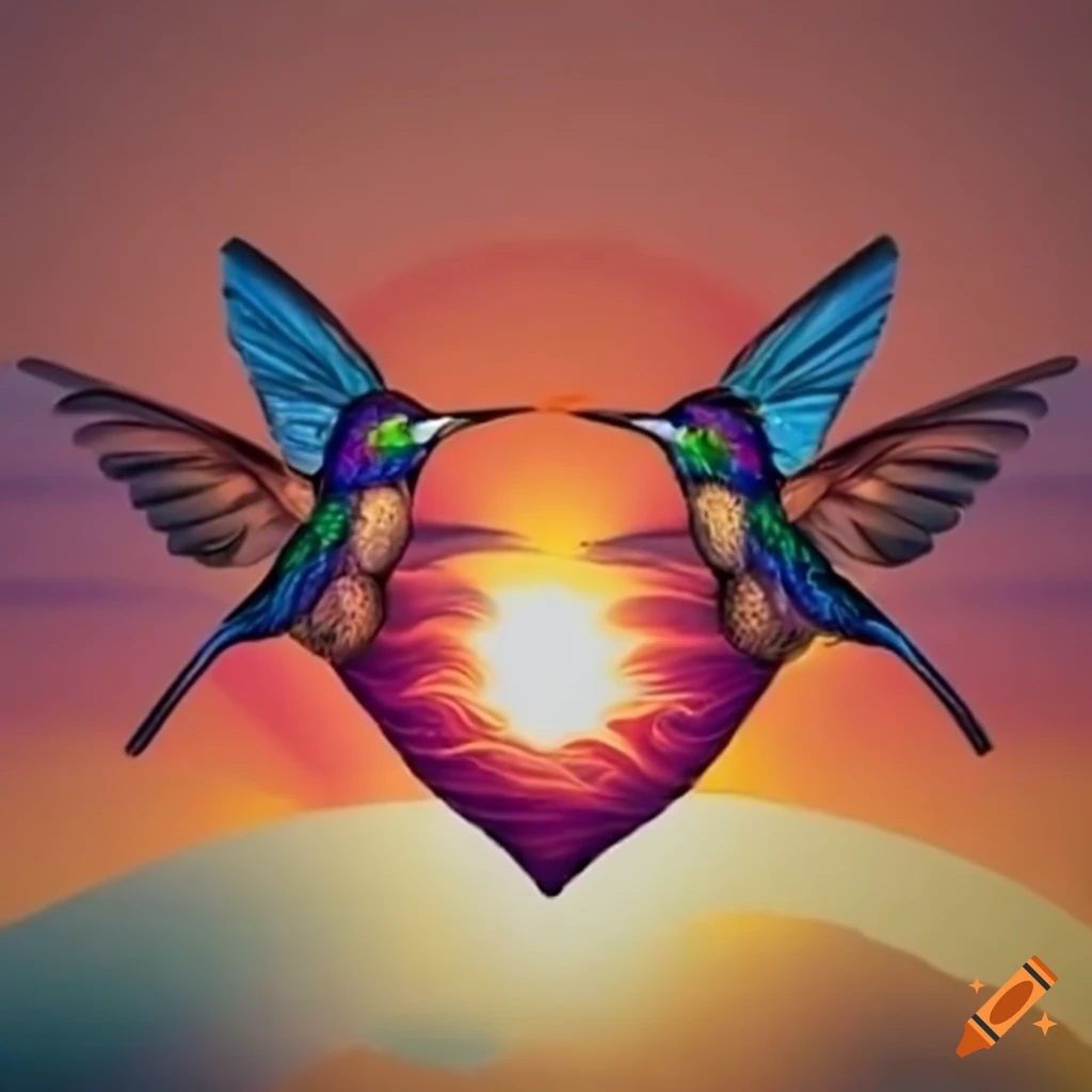 Two hummingbirds forming a heart shape with a beautiful sunset on Craiyon