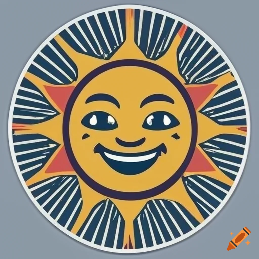 Smiling sun with rays in retro flat pop sticker art style on Craiyon