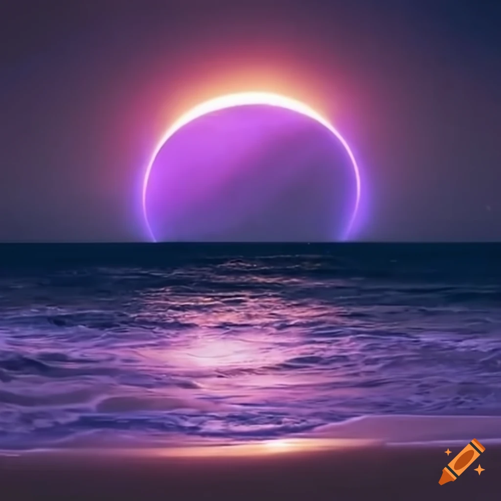 Detailed purple eclipse over the ocean with solar flares at the beach ...