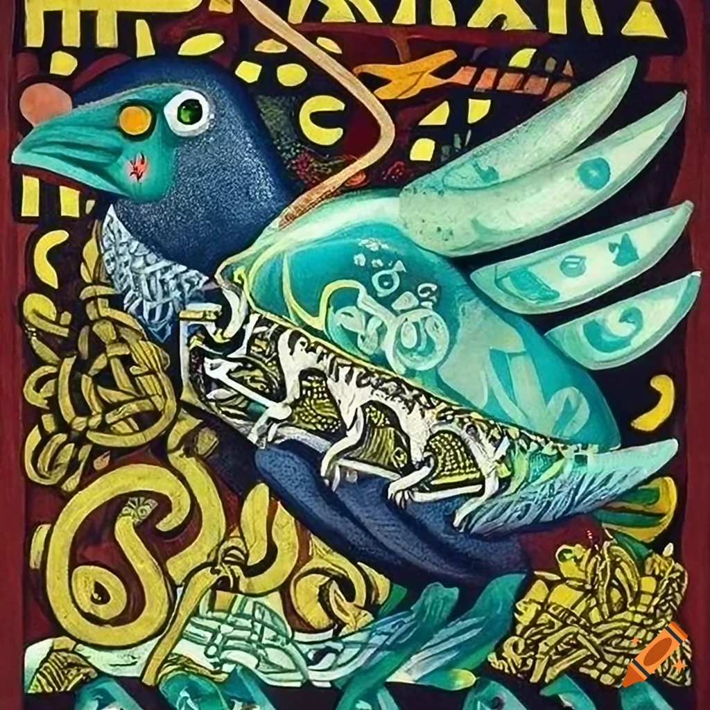 Serigraph of spirit animals with oceanic and salish designs against a ...