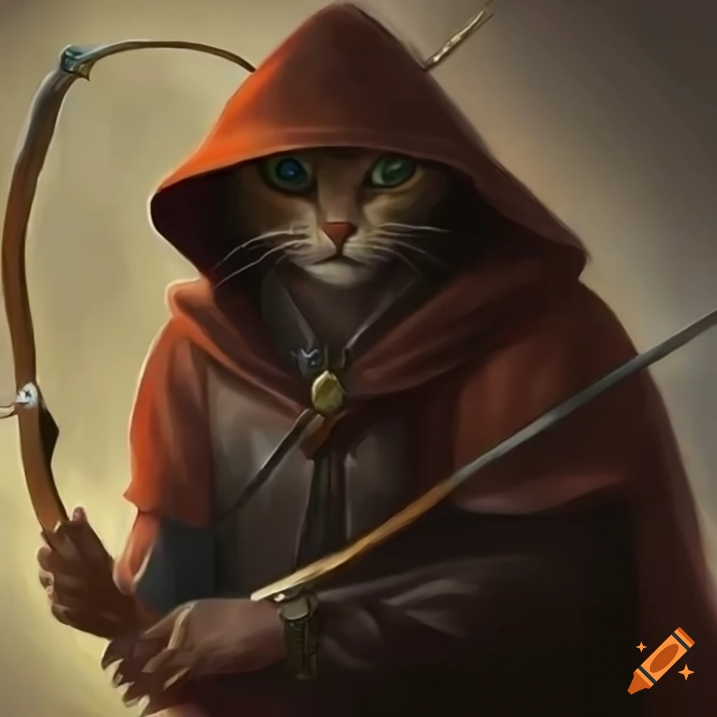 Catfolk archer aiming a bow in a hooded cloak on Craiyon