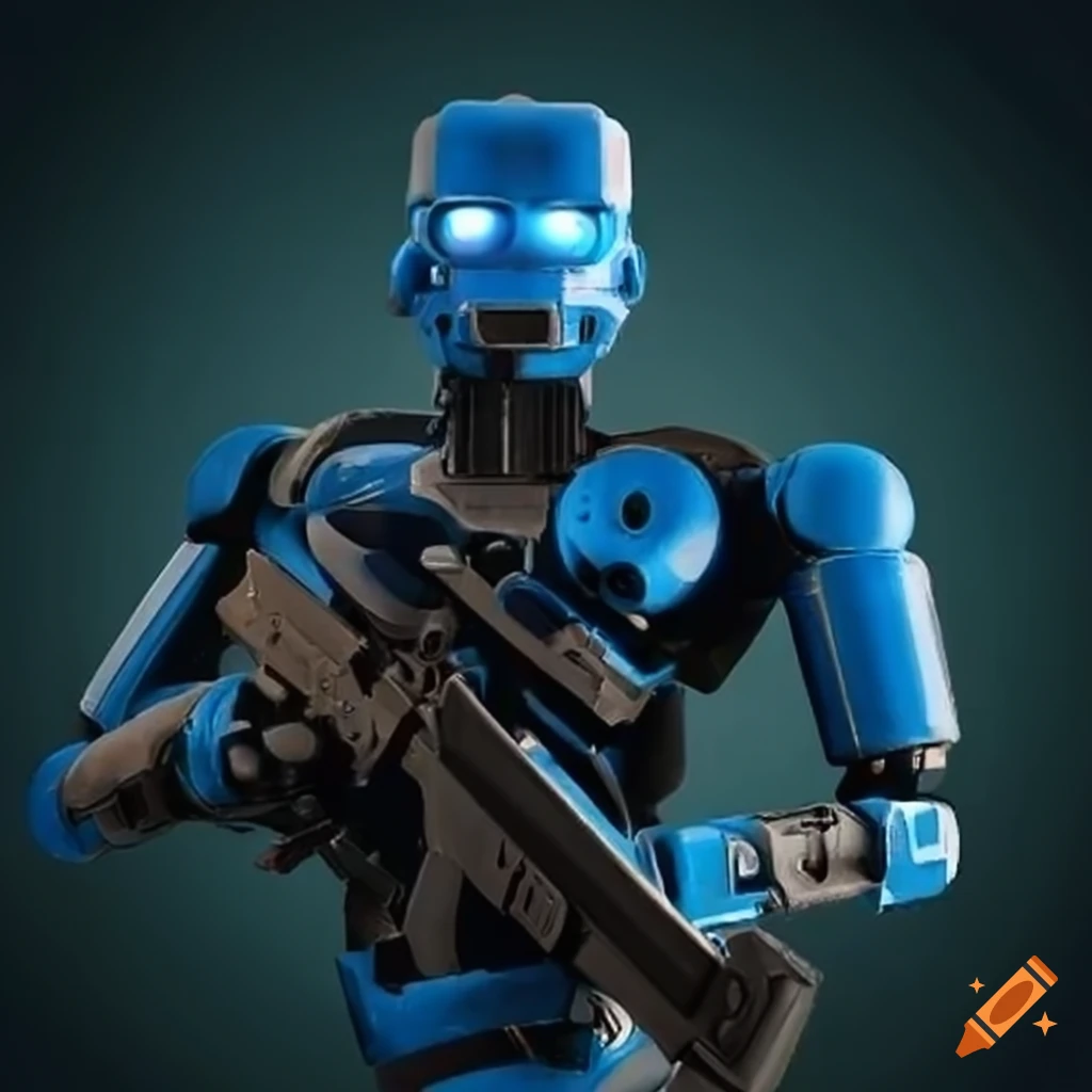 Blue soldier robot holding a rifle on Craiyon