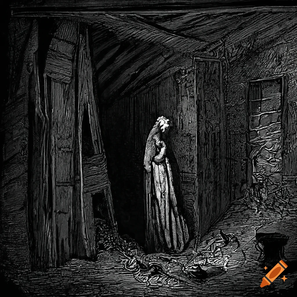 Shadowy figure in a dark attic of a hut, ink drawing by Gustave Dore on ...