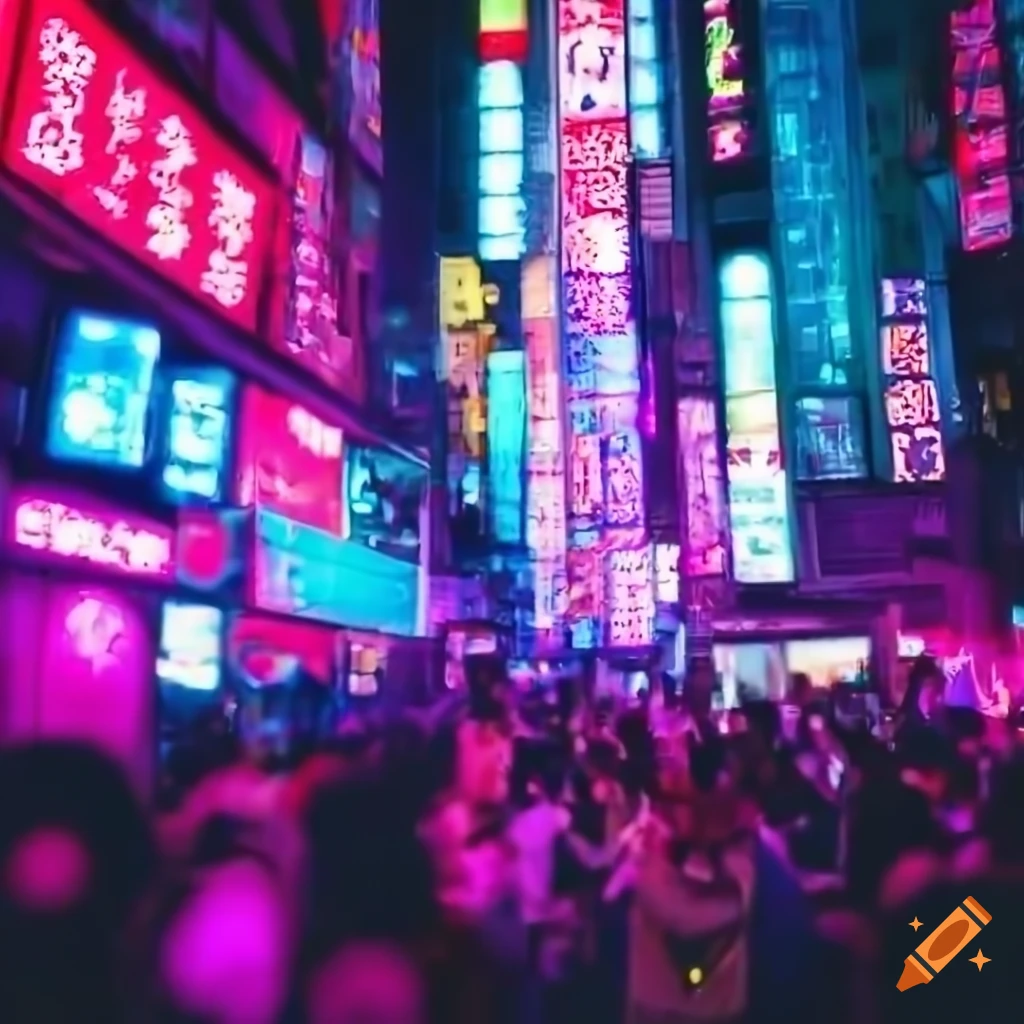 Chinese cyberpunk city with fuschia atmosphere and crowd in the ...