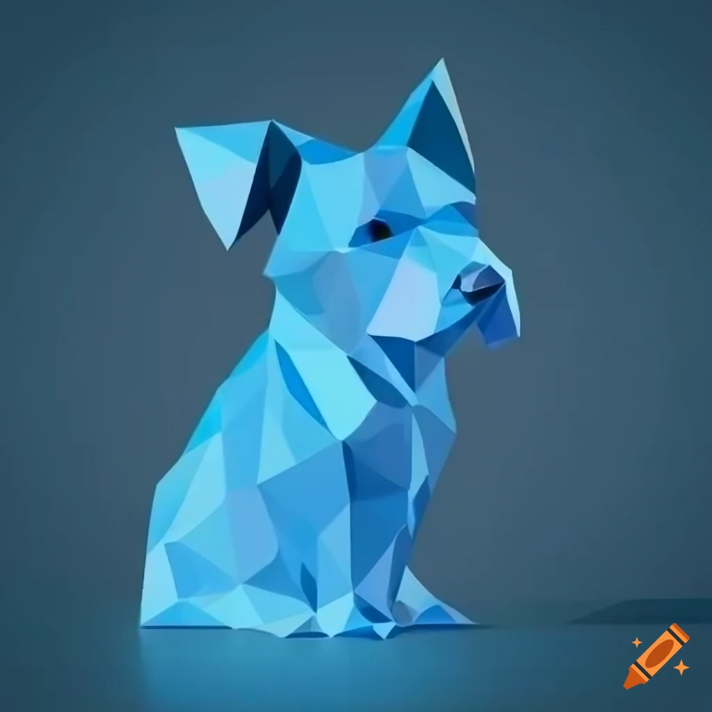Monochromatic-blue polygonal dog sitting at a table on Craiyon